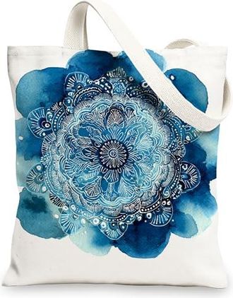 Generic Sacs fourre-tout en toile mandala, motif aquarelle floral artistique, sacs à provisions réutilisables, élégants et légers, lavables à lépaule, bleu, 1