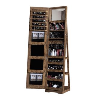 Soges Schmuckschrank Abschließbar Stehender Spiegelschrank 360° Drehbarer Ganzkörperspiegel mit 3 Ablagen 160 x 38 x 38 cm, Vintage