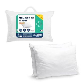Bleu Calin Bleu C&acirc;lin Lot de 2 Oreillers Rectangulaires, Barrettes Mousse &agrave; m&eacute;moire de Forme et Fibre Polyester, Coton, Blanc, 50 x 70 cm