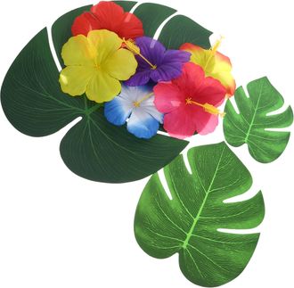 Garneck Teiliges Hawaii Party Tischdekor mit Künstlichen Tropischen Blättern und Hibiskusblumen Farbenfrohe Luau Tischmitte für Sommerpartys Langlebige Tischd