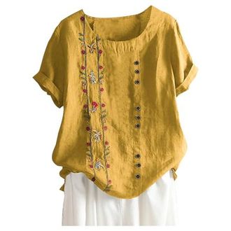 Generic T-shirt pour femme avec broderie r&eacute;tro en coton et lin - Chemise d&eacute;contract&eacute;e &agrave; manches courtes, jaune, XXL