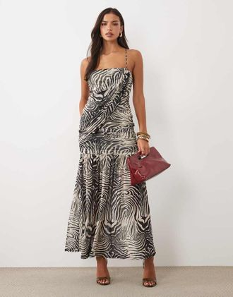 Asos robe longue asym&eacute;trique en tulle sans manches &agrave; imprim&eacute; z&eacute;br&eacute;-Multi