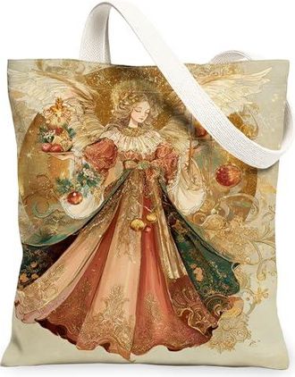 Generic Sacs fourre-tout décoratifs vintage en toile, motif ange, sacs dépicerie, sacs dépicerie réutilisables, légers et lavables avec bandoulière, Multicolo