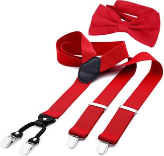 DonDon Herren 3,5 cm breiter Hosenträger in Y-Form elastisch und verstellbar im 2er Set mit farblich passender Fliege 12 x 6 cm