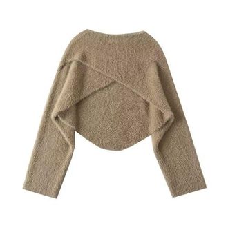 Generic Pull court en polaire pour femme, &eacute;paules d&eacute;nud&eacute;es, col bateau, manches longues, design enveloppant, ourlet asym&eacute;trique, confortable et chaud, camel, 