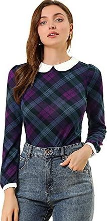 Allegra K Femmes Chemisier Carreaux Contrastés Manches Bouffantes Col Claudine Mauve M