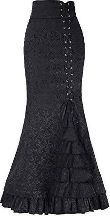 Lazzboy Vintage &Eacute;l&eacute;gant Jupe Crayon Volant Longue Femme Moulante Gothique Style Jacquard Mermaid Taille Haute Noir XXL