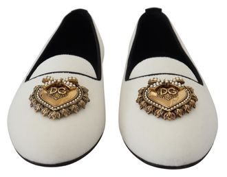 Dolce & Gabbana Womens Gold Devotion Heart Velvet Flat White Cotton Viscose