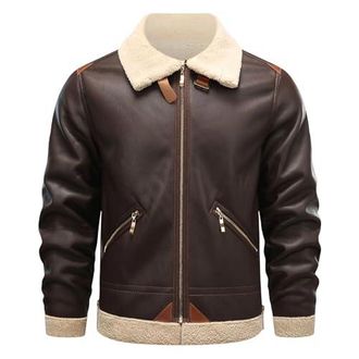 Generic Veste bomber dhiver &eacute;l&eacute;gante en similicuir avec doublure en polaire chaude et d&eacute;contract&eacute;e pour homme, marron fonc&eacute;, 3XL