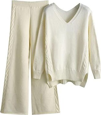 Generic Combinaison En Tricot Pour Femme Manche Longue 2 Pièces Ensemble De Salon Automne Hiver Chaud Ensemble Chemise Pantalon Décontracté Chic Et Elegant Fe