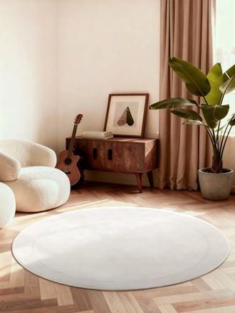Villeroy & Boch Wollteppich Kari Rund - Weicher Natur Wohnzimmerteppich mit Bord&uuml;re, Handgemacht & Nat&uuml;rlich, Modernes Design f&uuml;r Wohnzimmer, Schlafzimmer, Esszimmer,
