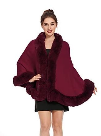 ZLYC Hiver Femme Fausse Fourrure Cape Chaud Tricot&eacute; Ponchos Mariage Ch&acirc;les(Bordeaux),Taille Unique