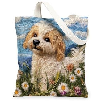 Generic Sac fourre-tout en toile motif chien cavachon printanier 33 x 38,1 cm, style tricot&eacute;, sac d&eacute;picerie r&eacute;utilisable pour femme, animal de compagnie, plag