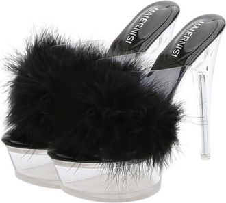 IFUNDOM Sandales Femme Talons Hauts &agrave; D&eacute;cor Pelucheux Talons Fins &Eacute;l&eacute;gants et Confortables Chaussures pour Fille Adapt&eacute;es Jean et Jupe Noir