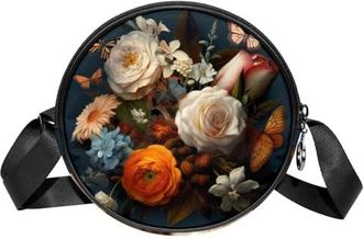Generic Sac &agrave; bandouli&egrave;re rond pour femme, motif fleurs et papillons, petit sac &agrave; bandouli&egrave;re avec fermeture &eacute;clair, bretelles r&eacute;glables, sac &agrave; main rond d&eacute;co