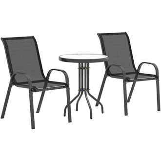 OUTSUNNY Ensemble bistro de jardin 3 pi&egrave;ces - 2 chaises, table ronde plateau verre - acier textil&egrave;ne noir