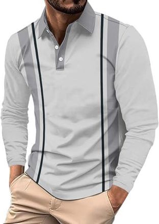 Generic Polo ray&eacute; &agrave; manches longues pour homme - Rayures verticales - Chemise boutonn&eacute;e - T-shirts d&eacute;contract&eacute;s et tendance, Polos gris &agrave; manches longues pour