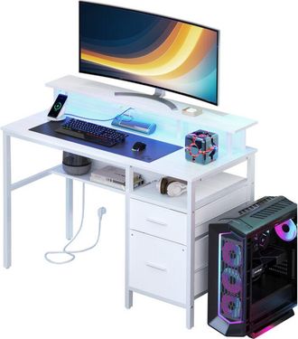 Vasagle Bureau Gaming, avec Tiroirs en Tissu, Support d&Eacute;cran, Lumi&egrave;res LED, 120,1 x 55,1 x 90,1 cm, Multiprise, 2 Ports USB, Blanc
