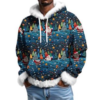 Generic Sweat-shirt à capuche de Noël pour homme avec motif Père Noël et motif floral en matière douce avec empiècement en fausse fourrure et poche à fromage,