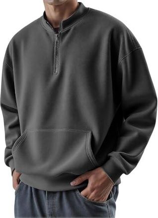 Generic Sweat-shirt &agrave; col montant zipp&eacute; &agrave; manches longues pour homme - Pull athl&eacute;tique tendance d&eacute;contract&eacute; avec paquets - Pull de couleur unie, Noir, XL