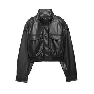 Generic Blouson aviateur vintage en simili cuir for femme, veste courte &agrave; fermeture &eacute;clair avec manches longues et poches lat&eacute;rales(Black,xs)