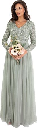 Maya Womens Womens Ladies Sleeve for Wedding Guest V Neck High Empire Waist Maxi Long Length Evening Bridesmaid Prom Dress, Green Lily, 40 EU (Herstellergr