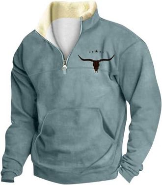 Generico Sweat-shirt Homme Sans Capuche Imprim&eacute; Cornes Doublure Polaire D&eacute;contract&eacute; Tricot &Agrave; Manches Longues R&eacute;tro Moy&eacute;val Confortable Streetwear Party Top Hom