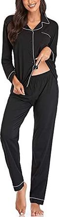 Generic Ensemble de pyjama en coton à manches longues et boutons pour femme - Couleur pure, Noir, L