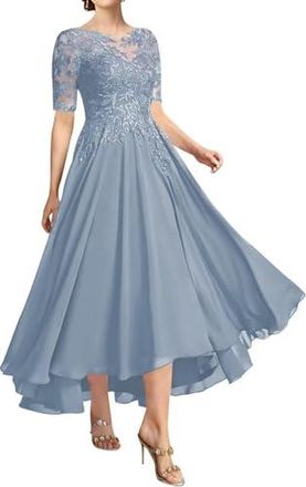 Generic Robe de soirée formelle à manches courtes pour femme - Longueur thé - Applique en dentelle - Robe de soirée formelle à manches courtes, Bleu poudré, 4