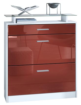 Vladon Schuhschrank Loret 89 x 104 x 23 cm Schuhkipper f&uuml;r 16 Paar Schuhe mit 1 Schublade, 1 Glasablage, Farben Wei&szlig; matt & Bordeaux Hochglanz