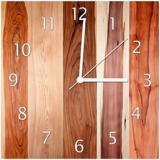 Wallario Design-Wanduhr Holzmuster - Oberfläche mit Holzmaserung VIII aus Glas, Motiv-Uhr Größe 30 x 30 cm, weiße Zeiger