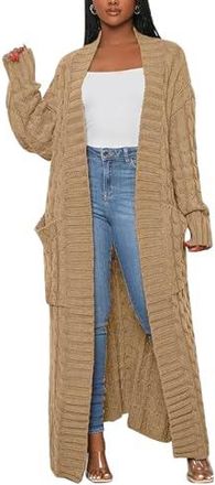 Generic Cardigan en tricot &eacute;pais pour femme, grande taille, pulls longs pour femmes, ouvert sur le devant, manches longues en tricot torsad&eacute;, kaki, XXL