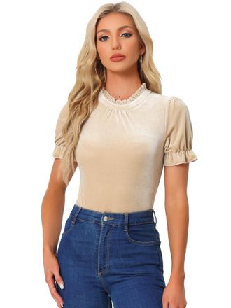 Allegra K Damen Bluse Samt Kurzarm R&uuml;schenkragen Velvet Elegant Oberteile Khaki L