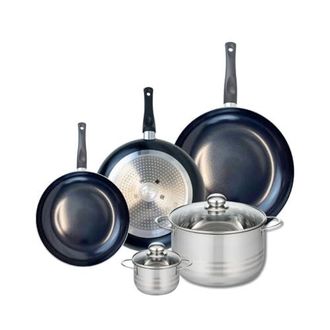 Fackelmann ELO 9750450 Batterie de cuisine 5 pièces, Ensemble de 3 Poêles de cuisson 24, 28 et 32 cm et 2 faitouts 12 et 24 cm Elo Prima Brillant, inox, inductio