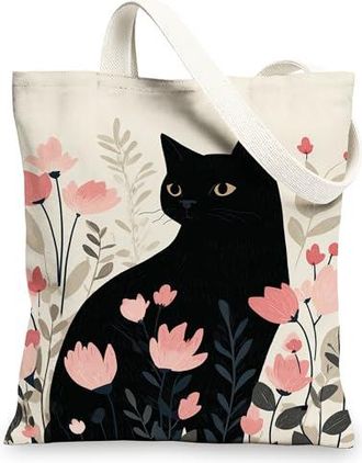 Generic Sacs fourre-tout en toile motif chat artistique, sacs dépicerie réutilisables, légers et lavables avec bandoulière, noir, 13x15 Inch