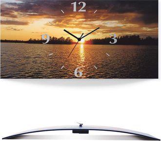 Artland Wanddeko Wanduhr ohne Tickgeräusche Alu Quarzuhr 50x25 cm Rechteckig Lautlos Landschaft Sonnenuntergang See Sonne Natur Design T4WP
