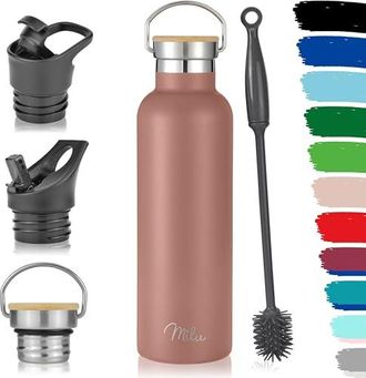 Milu Bouteille en acier inoxydable 350ml, 500ml, 750ml, 1l (+3 couvercles) - Bouteille thermo avec paille, bouteille deau, pour boissons chaudes, froides e