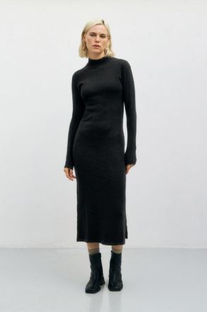 Rotholz Damen vegan Kleid Mockneck Gerippt Schwarz