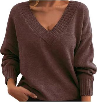 Generic Pull court court &agrave; manches longues raglan double face col en V pour femme, caf&eacute;, XXL