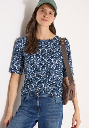 Cecil T-Shirt CECIL, Damen, Gr. XXL (46), universal blau, Web, 50% Modal, 50% Baumwolle, gemustert, comfort fit normal, U-Boot-Ausschnitt, abgesteppt, Shirt