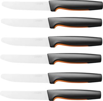 Fiskars 6 St&uuml;ck Tafelmesser - Tomatenmesser Functional Form mit Wellenschliff rostfrei - Japanischer Edelstahl/Kunststoff - Schwarz/Orange