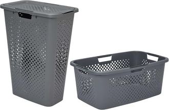 Sundis Pixel, lot panier &agrave; linge sale 40l slim + panier &agrave; linge 40l en plastique recycl&eacute;, gris, poign&eacute;es lat&eacute;rales et a&eacute;ration sur les c&ocirc;t&eacute;s