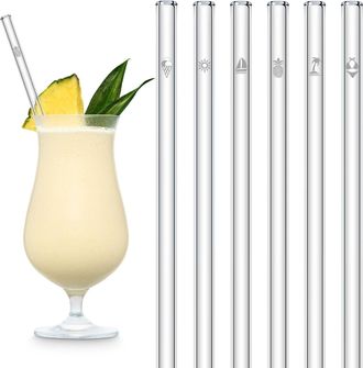Halm Glas-Strohhalme - Summer Edition mit Gravur - 6 St&uuml;ck gerade 23 cm - Sommer Strohhalme - Wiederverwendbare Glas-Trinkhalme - inkl. plastikfreie Reinig