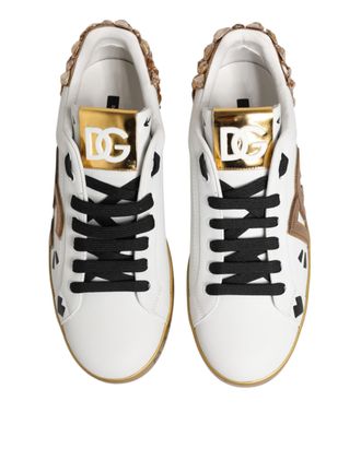Dolce & Gabbana Mens White Gold Crystal Portofino Sneakers Shoes Calfskin Leather