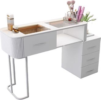 Generic Manicure Table Station Metal Frame, Double Layer with Drawers and Clear Glass Top, Professional Beauty Salon and Spa with Storage Cabinet, Beauty Salo