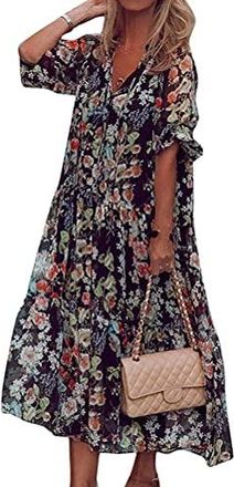 Minetom Maxi Robes Boho Femmes Casual Robe Manche Longue Grande Taille Élégante Bohème Imprime Robes De Plage Vacances Noir L