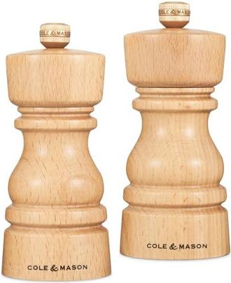Cole & Mason H233005 London Salz und Pfeffermühle, 2er Set Manuell mit Einstellbar, Holz, 13cm, Precision+ mit Keramikmahlwerk und Carbonmahlwerk, Gewürzmühle, Müh