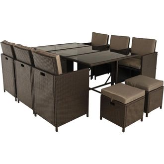 Best Mobilier Tao - zusammenschiebbare essgruppe f&uuml;r 10 personen - braunes rattan - taupefarbene kissen - glasplattentisch + schutzh&uuml;lle - braun
