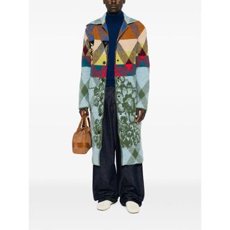 Dries Van Noten Argyle and Floral Knit Coat - Blue
