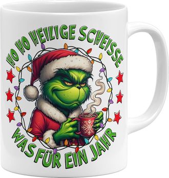OM3 lustige Weihnachts Kaffee-Tasse mit Spruch - Ho Ho Heilige Scheisse Was f&uuml;r ein Jahr Tasse - Keramik Becher - 325ml - Beidseitig Bedruckt - Weiss